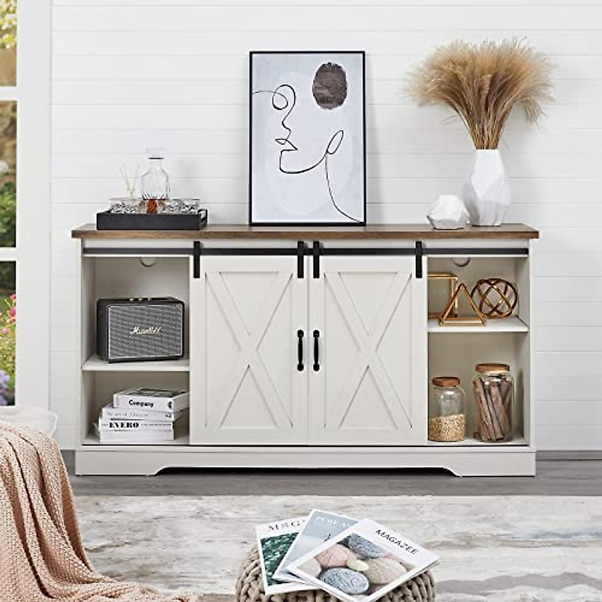 Amerlife Fireplace TV Stand Sliding Barn Door Wood Entertainment Center with a 23'' Electric Fireplace Insert, Modern Farmhouse Storage Cabinet Console for TVs Up to 65", Distressed White & Barnwood