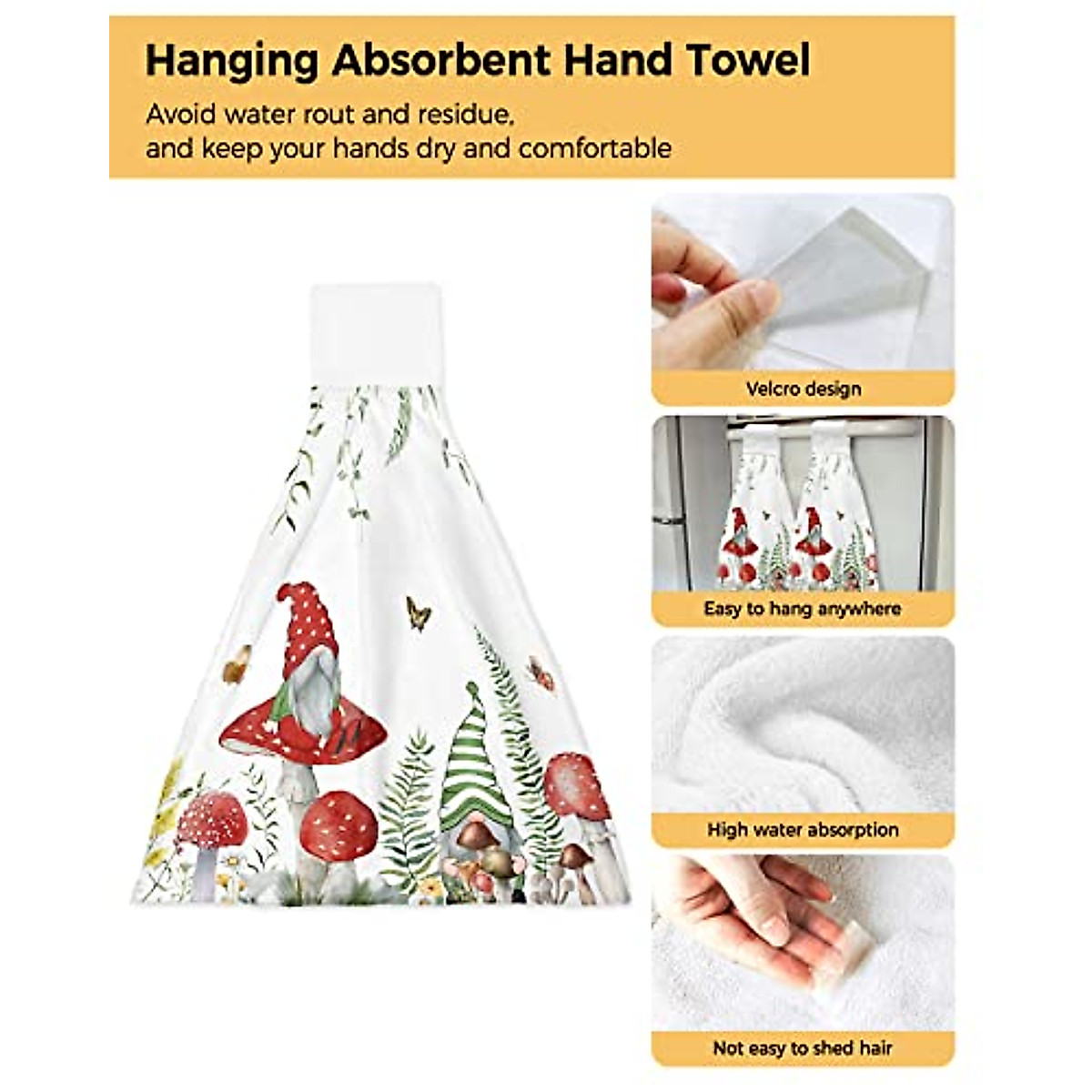 Mushroom Gnomes Hanging Kitchen Towels Set of 1, Hand Towels with Loops, Spring Floral Teal Botanical Water Absorbent Dish Cloth Tie Towels Tea Bar Towels Hand Towels for Bathroom