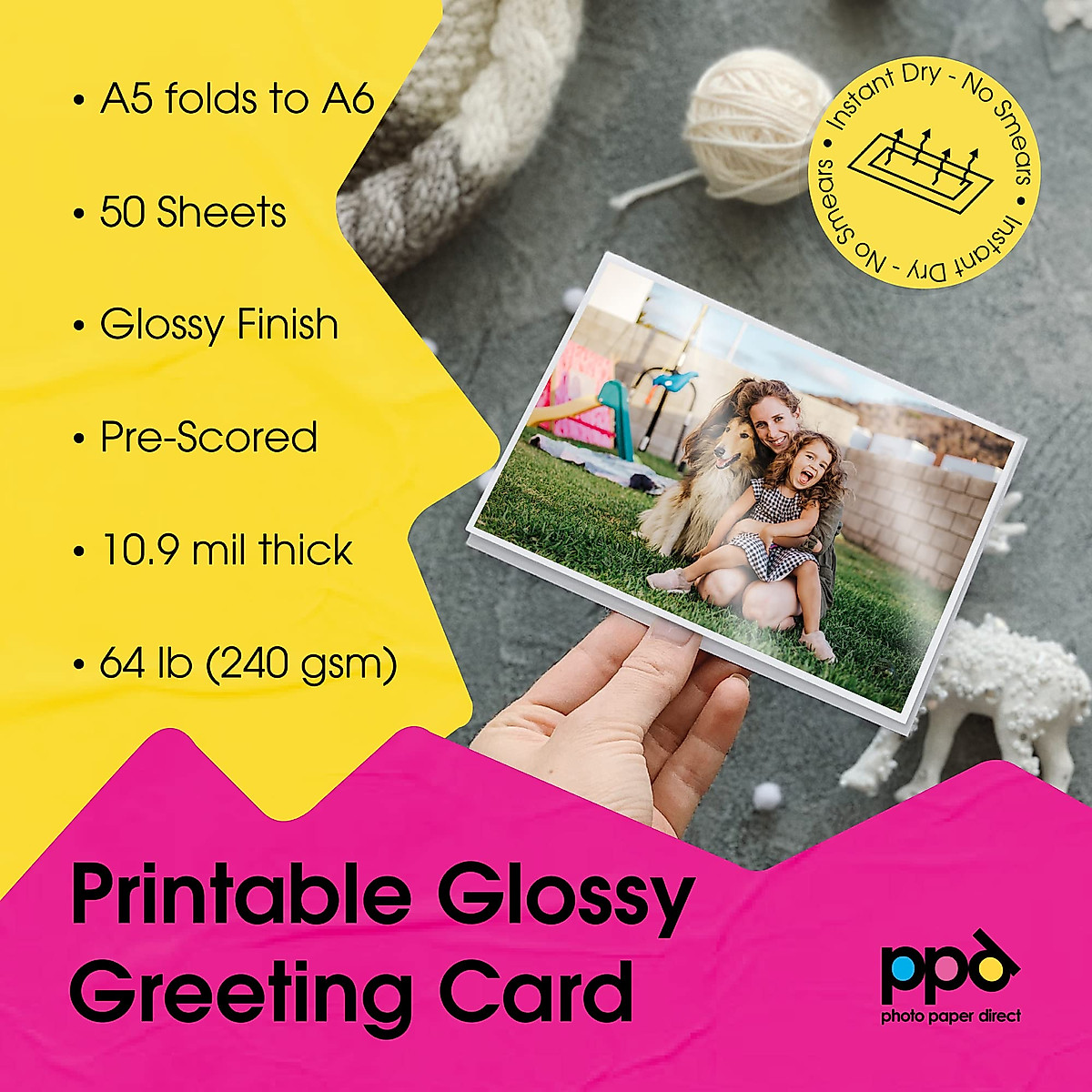 PPD 50 Inkjet Printable Blank Glossy Greeting Card Paper 64lbs 240gsm 10.9mil 8.5x11 Half Fold To 5.5x8.5 Premium Quality Photographic Print Cardstock Instant Dry and Water-Resistant (PPD-51-50)