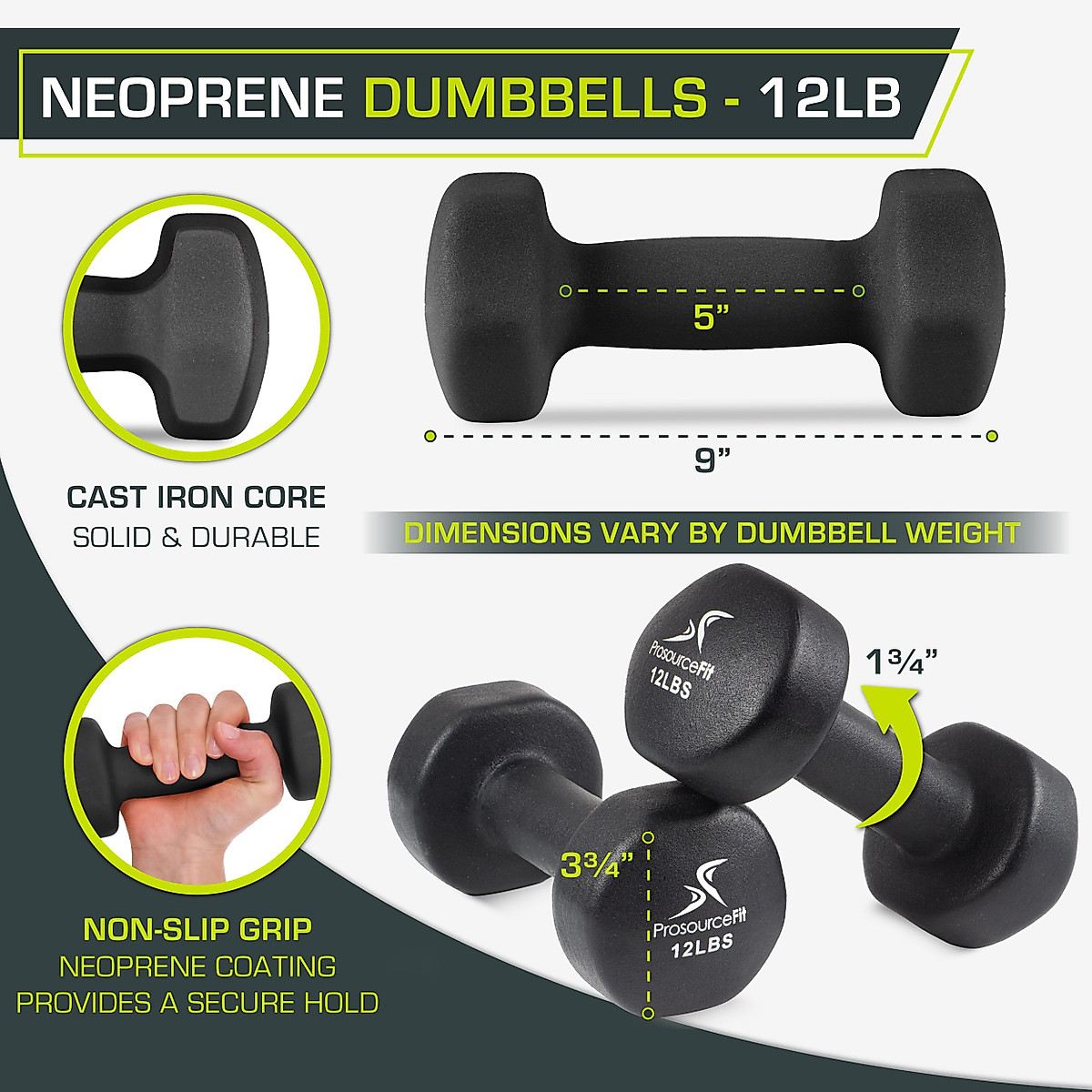 ProsourceFit Neoprene Dumbbell Coated for Non-Slip Grip, 12 lb
