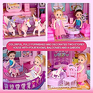 TOMLEON Dollhouse w/ Princesses, 4 Unicorns and Dog Dolls - Pink / Purple Dream House Toy for Little Girls - 4 Rooms w/ Garden, Furniture and Accessories - Girls Ages 3 - 6 (4 Princesses)