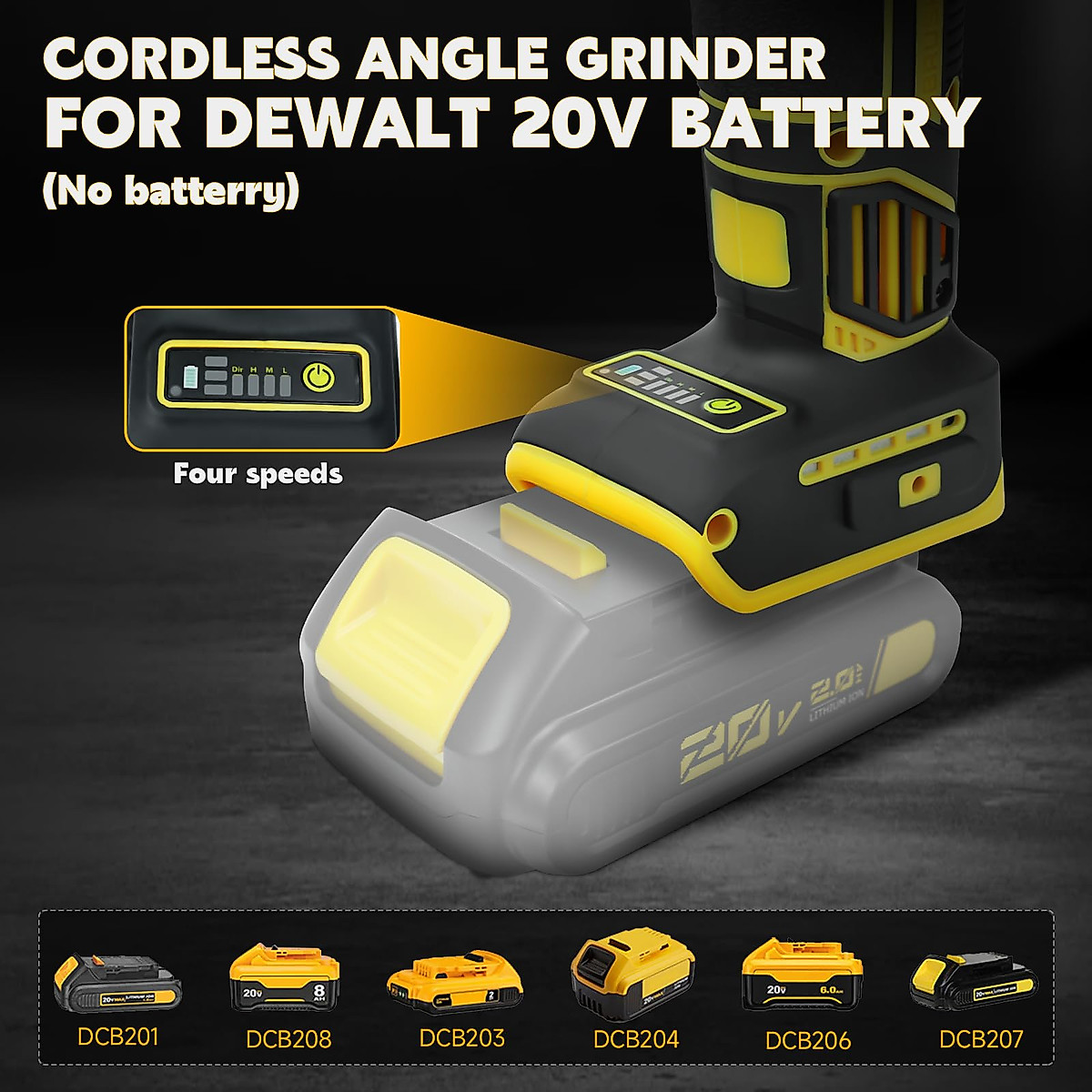 Cordless Angle Grinder for Dewalt 20v Batteries, 6600RPM Brushless Electric Grinder, 4 Variable Speed Metal Grinder for 4.9''Wheels with Adjustable Auxiliary Handle for Cutting, Polishing（No Battery)