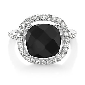 Gem Stone King 925 Sterling Silver 10MM Cushion Cut Gemstone Birthstone and White Moissanite Engagement Ring | Wedding Anniversary Promise Ring For Women | Ring Size 5-9