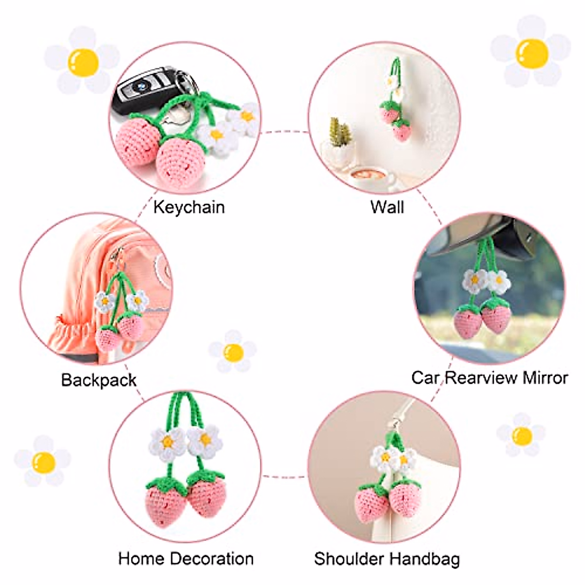 2 PCs Cute Crochet Strawberry Hanging Ornament for Car Rearview Mirrior Decor, Hanging Charms Accessories, Pendant Fruit for Gift-Handmade Knitted (Pink)