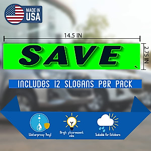 Versa Tags Windshield Slogan Stickers 12 Pack Each of 3RD Row Seating, WE Finance, FINANCING Available, Warranty, Save (60) Window Stickers Total Dealership Stickers Black On Green