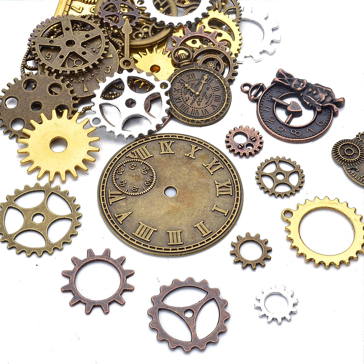 Aylifu 100g(30-40PCS) Mixed Color Alloy Steampunk Gears Charms Clock Face Charms Gears Cogs Charms Pedants Jewelry Findings for Crafting DIY Jewelry Making Accessory
