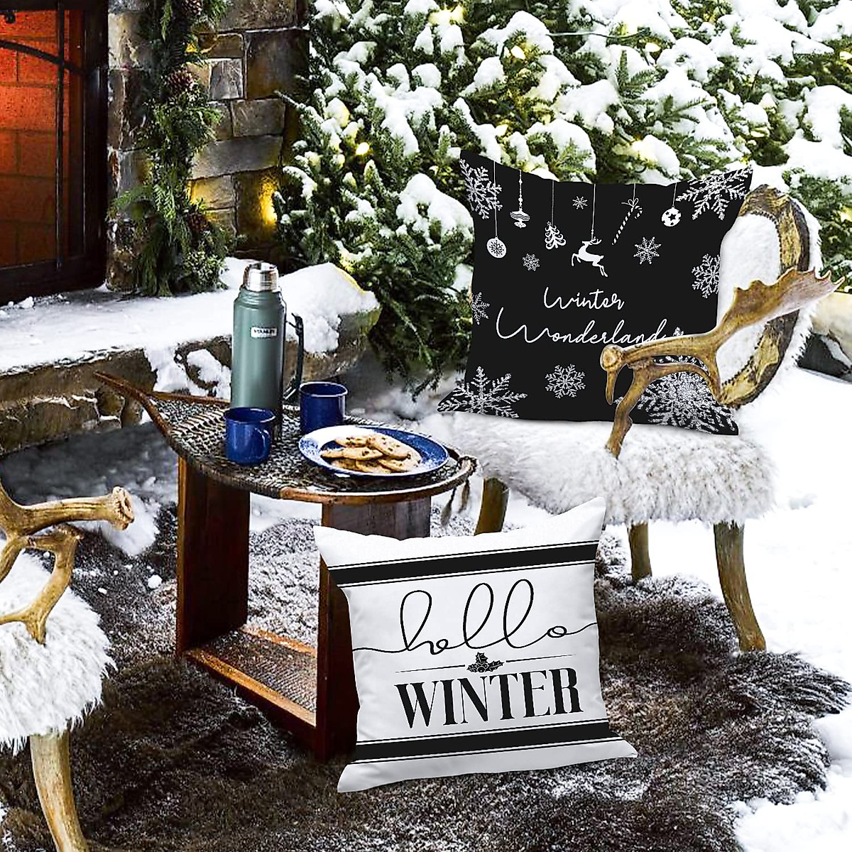 Lanpn Hello Winter Merry Christmas Throw Pillow Covers 18x18 Set of 4, Decorative Black and White 18 inch Xmas Holiday Cushion Pillow Cases Home Outside Porch Decor Decorations