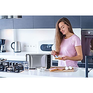 Elite Gourmet ECT-3100# Long Slot 4 Slice Toaster, Reheat, 6 Toast Settings, Defrost, Cancel Functions, Built-in Warming Rack, Extra Wide Slots for Bagels Waffles, Stainless Steel & Black