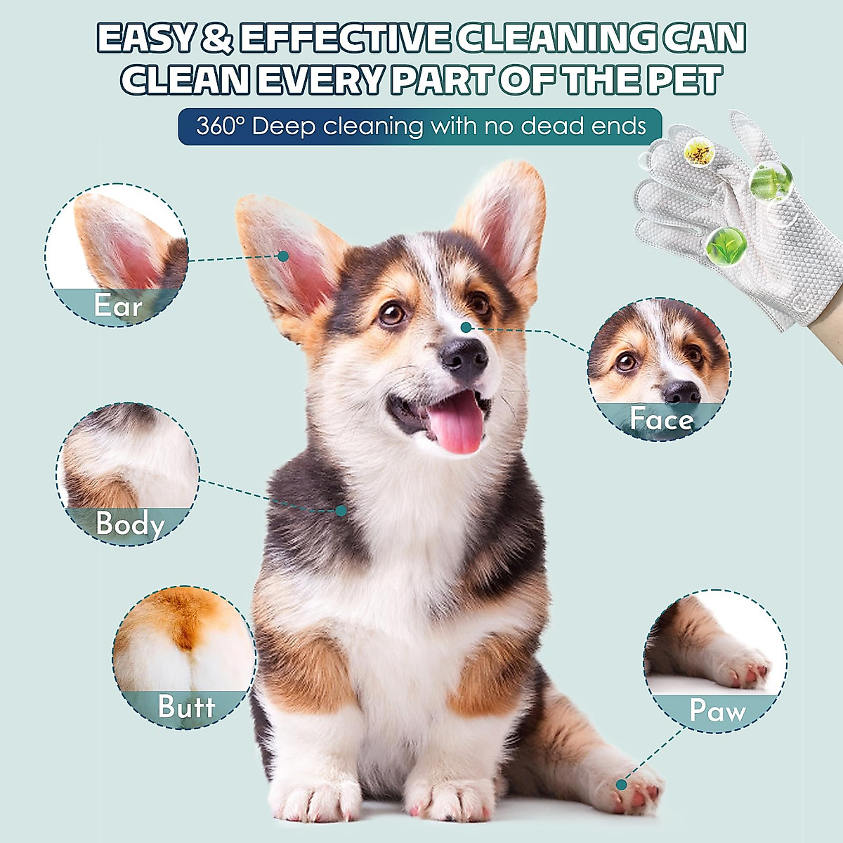 MOHCO 20 Pcs Pet Cleaning Glove Bathing Wipes for Dogs and Cats,No Rinse Cats Gloves Wipes,Pet Wipes for Paws, Butt, Face and Fur,Pet Bathing Gloves Wipes for Daily Care and Traveling