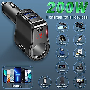 200W PD USB C Car Charger Adapter: 12V Cigarette Lighter Socket Splitter 12 Volt DC Plug Multi Way Auto Power Outlet with LED Voltmeter Switch Dual Type C Port for iPhone Samsung Phone GPS Dash Cam