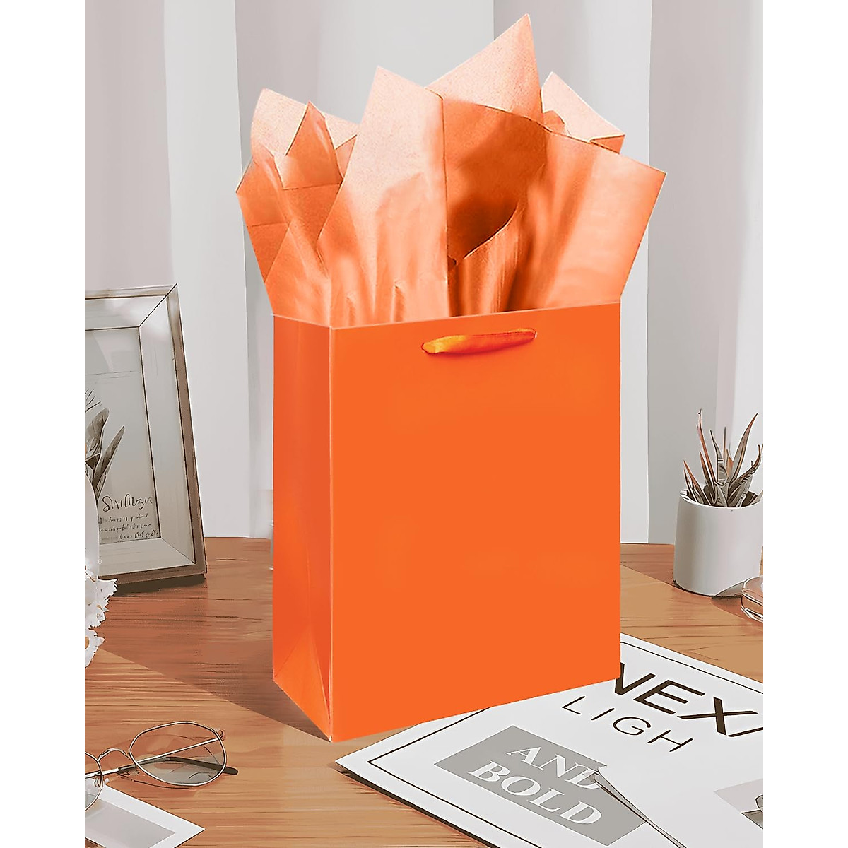 Gcardist Bright Orange Gift Bags with Tissue Paper for Wedding, Birthday, Party Supplies-7.9"x4.3"x9.6" Medium Size Cardboard Gift Bags（5pcs Bags +10pcs Tissue Paper ）