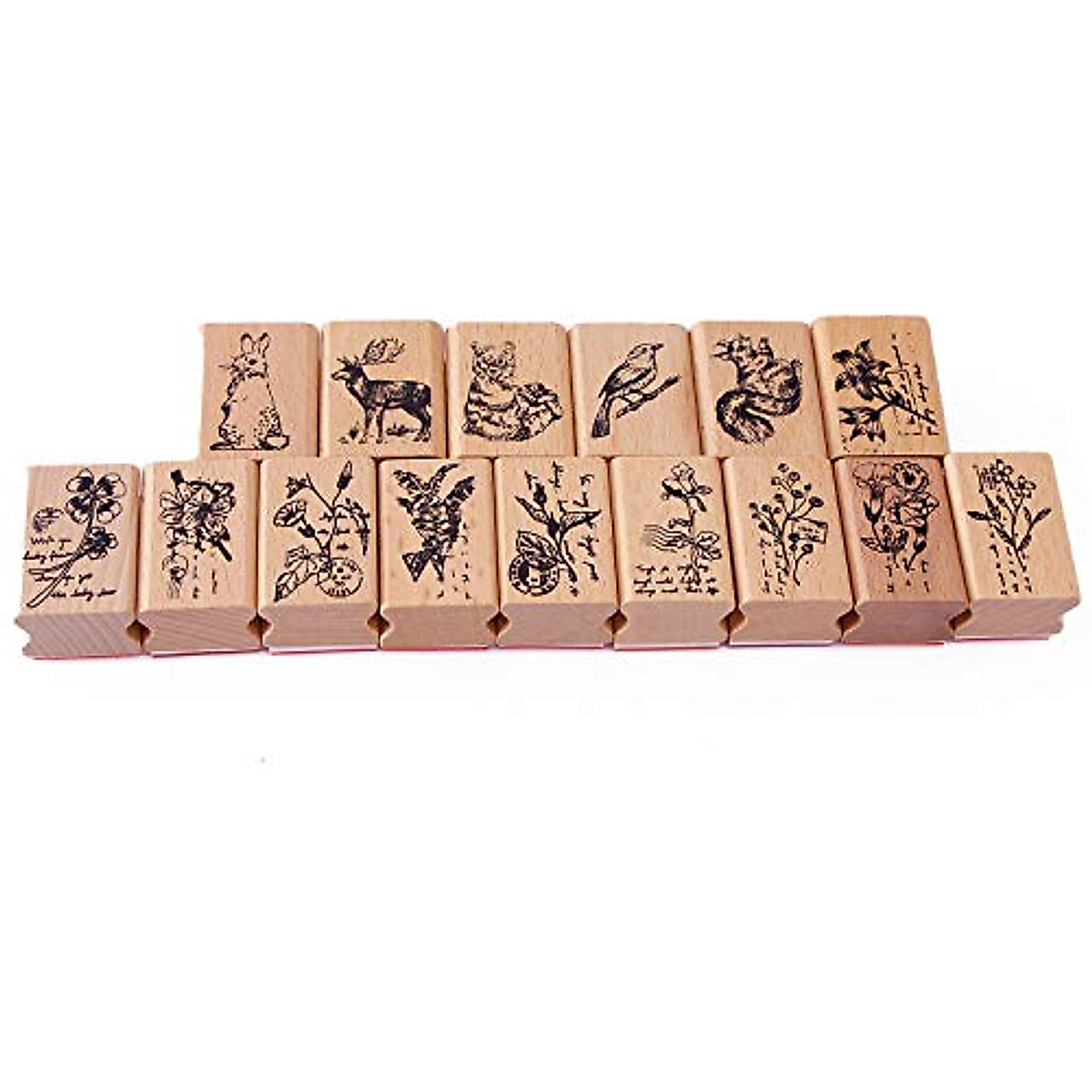 15pcs Wooden Rubber Stamps Animals and Plants Patterns Stamps Set for DIY Craft Card Scrapbooking Supplies