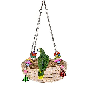 Woven Straw Nest Bed Large Bird Swing Toy with Bell for Parrot Cockatiel Parakeet African Grey Cockatoo Macaw Amazon Conure Budgie Canary Lovebird Finch Hamster Chinchilla Cage Perch