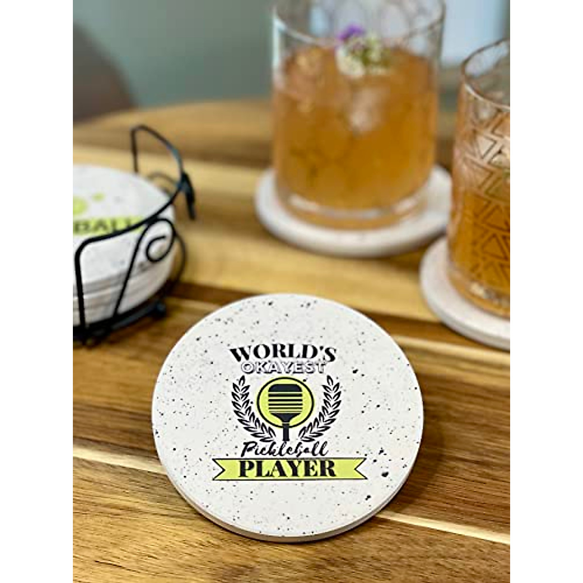 KCT Store Pickleball Gifts for Women and Men - Appreciation Gifts - Absorbent Ceramic Coasters 6pc - Metal Holder & Cylinder Kraft Gift Box Included