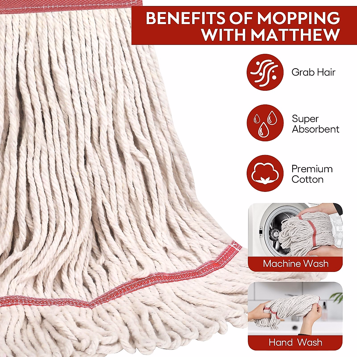 Matthew Cleaning Heavy Duty Mop Head Commercial Replacement for General and Floor Cleaning , Wet Industrial Blue Cotton Looped End String Head Refill (Pack of 6) White