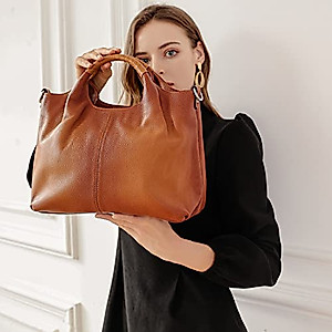 Iswee Genuine Leather Satchel Purse for Women Purses and Handbags Shoulder Bag Designer Top Handle Tote Bag (Sorrel)