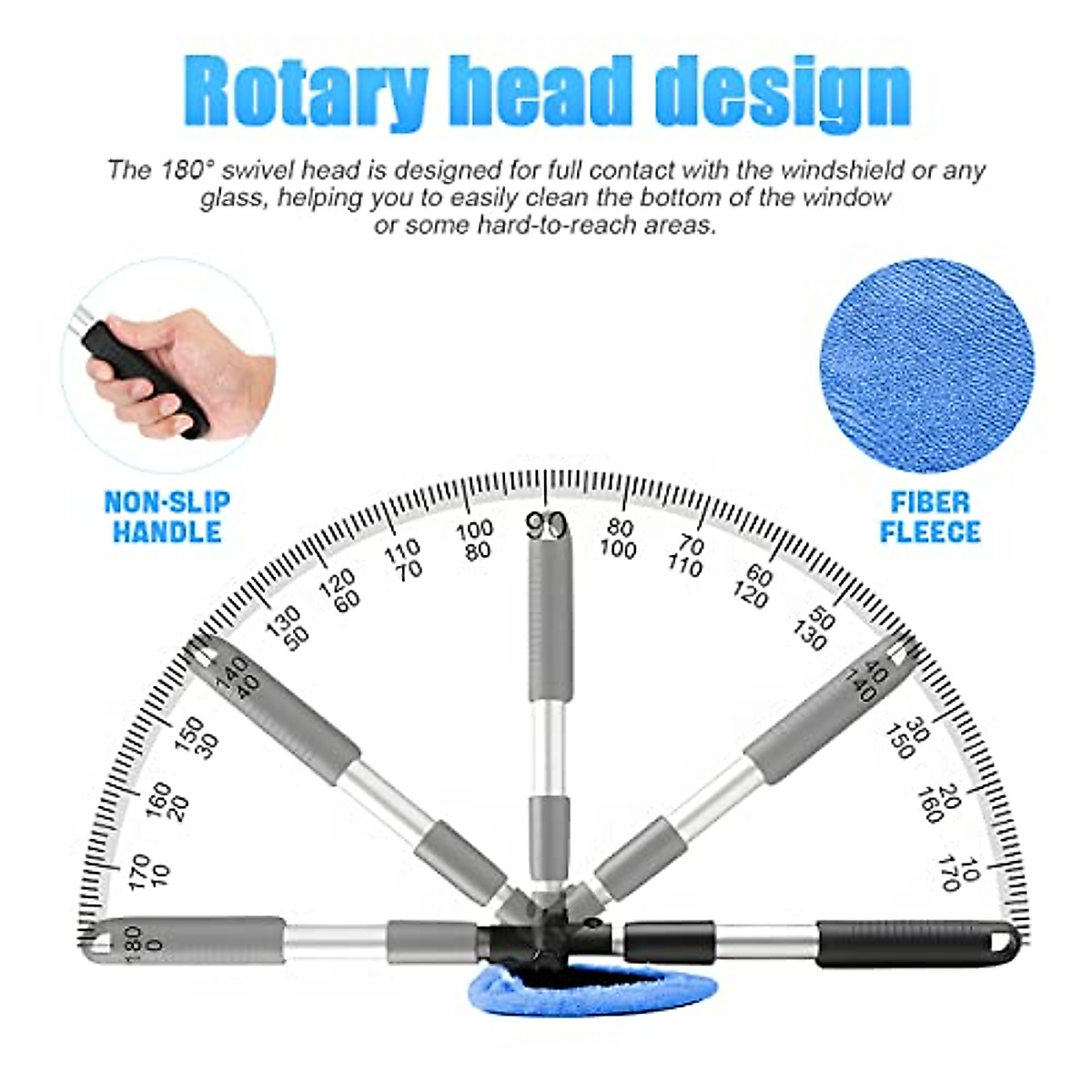 Windshield Cleaning Tool, Car Window Cleaner with Extendable Long Handle and 4 Washable Reusable Microfiber Pads, Auto Interior Exterior Glass Wiper Cleaning Kit Universal for Office and Home (Blue)