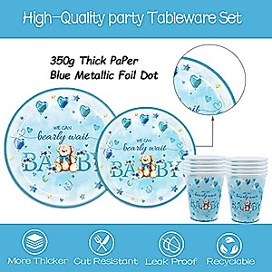 Oigco Teddy Bear Baby Shower Tableware Plates and Napkins - We Can Bearly Wait Baby Shower Decorations Supplies for 24 Guests Boy Bear Theme Party Supplies Kids Birthday Party and Baby Shower