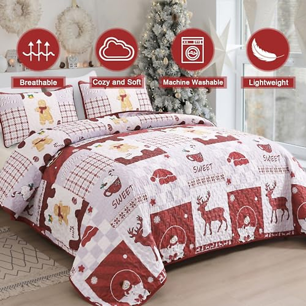 Drucon Christmas Quilt Set King Reversible Christmas Deer Snowflake Pattern Red Deer Plaid Patchwork Bedding Quilt Coverlet with 2 Pillowshams for All Season 104"x90"