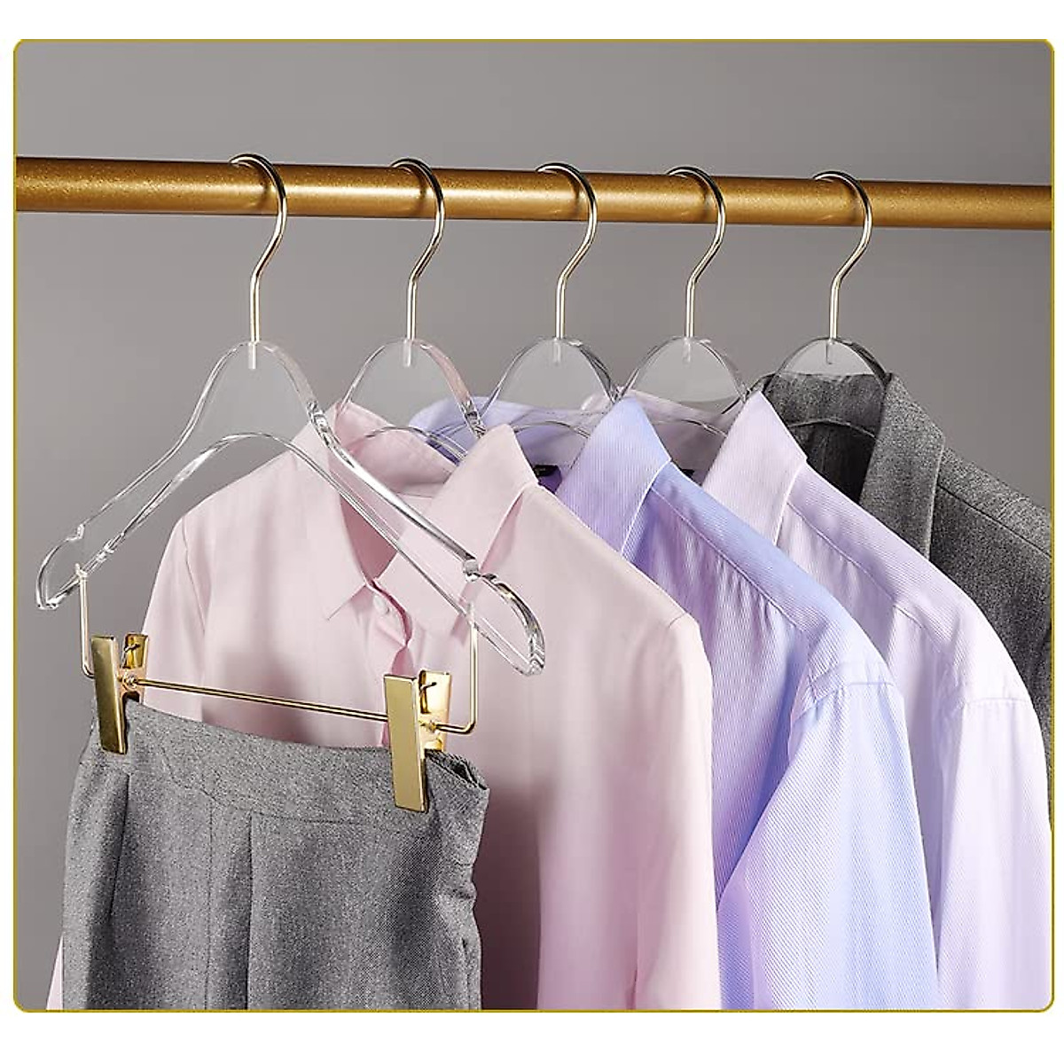 Nisorpa Acrylic Hangers with Clips, 10 Pack Clear Plastic Hangers Non-Slip with Golden Chrome Steel Hook, Clothes Hangers Space Saving Hanger for Dresses Suit Jacket Sweater Blouse