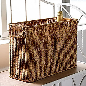 Bddalpke Hand-Woven Basket Plastic Rattan Sundries Storage Bins Japanese Style Finishing Basket for Closets Bedroom Magazine Newspaper Home Decor (Dark Brown)