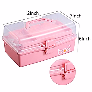 Kinsorcai 12'' Three-Layer Clear Plastic Storage Box/Tool Box, Multipurpose Organizer and Portable Handled Storage Case for Art Craft and Cosmetic (Pink)