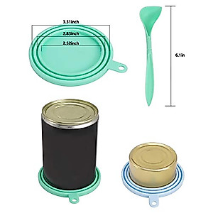 SLSON 2 Pack Pet Food Can Cover Universal Silicone Cat Dog Food Can Lids 1 Fit 3 Standard Size Can Tops with 2 Spoons,Light Blue and Green