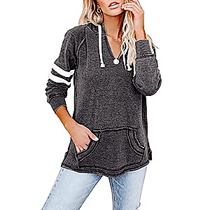Fashare Womens V Neck Hoodies with Pockets Long Sleeve Striped Pullover Tops Sweatshirt Dark Gray