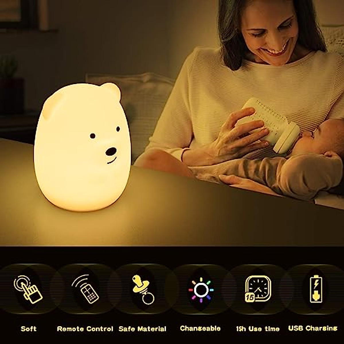 PAMANO LED Nursery Night Lights for Kids -USB Rechargeable Cute Animal Silicone Lamps with Touch Sensor and Remote Control -Portable Color Changing Glow Soft Cute Baby Infant Toddler Gift (Bear)