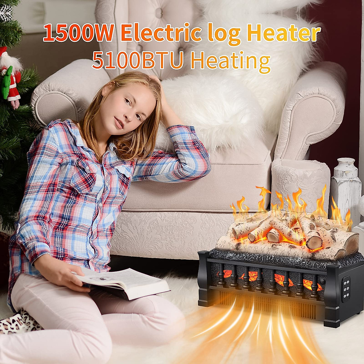 Electric Fireplace Log Heater, Realistic Flame and Ember Bed, Portable, Infrared, Thermostat 750W/1500W…