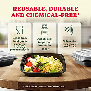 MEALPACK 50 Pack Reusable Meal prep containers - Single Compartment food prep containers with lids - to go food Containers with Lids - 38-oz Black Base/Clear Lid