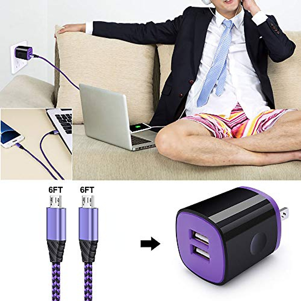 Charger Plug, Charging Block, Dual USB Wall Charger with Micro USB Charger Cable Android Phone Charger for Samsung Galaxy J7V J8, J7 Crown/Prime/Star/Sky Pro/Refine, S7 S6 Plus/Edge/Active