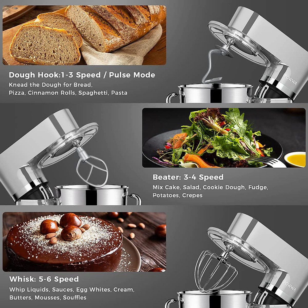 Stand Mixer, POWWA 7.5 Quart Electric Mixer, 6+1 Speed 660W Tilt-Head Kitchen Food Mixers with Whisk, Dough Hook, Mixing Beater & Splash Guard for Baking, Cake, Cookie (Silver-with Handle)