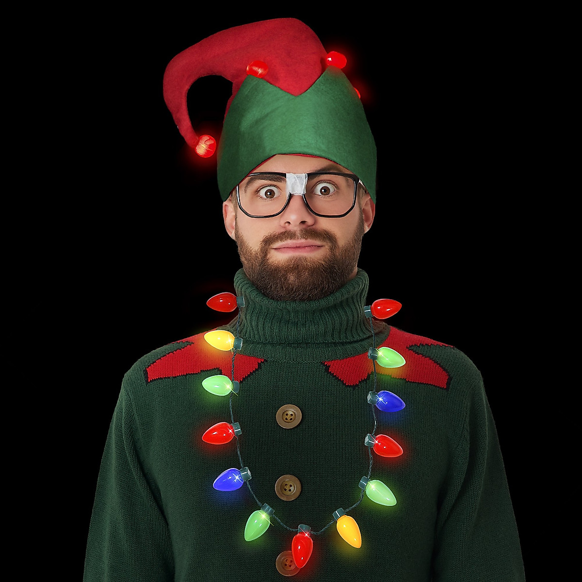 Windy City Novelties Ugly Sweater Christmas Party Kit - Holiday LED Elf Hat + LED Christmas Bulb Necklace Combo for Christmas Parties, Caroling, Gatherings & Party Favors