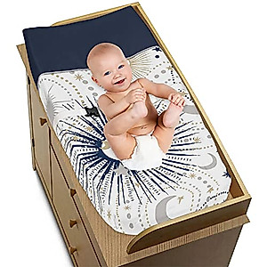 Sweet Jojo Designs Star and Moon Boy or Girl Baby Nursery Changing Pad Cover - Navy Blue, Gold, and Grey Celestial Sky Stars Gender Neutral Unisex