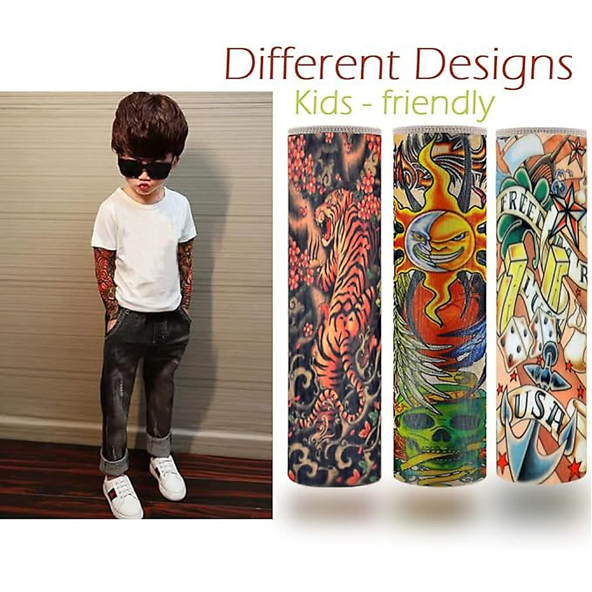 iToolai Kids Tattoo Sleeves for Boys Grils, 10 Pcs Temporary Arm Tattoo Sleeves for Children Baby, Fake Slip On Sunscreen UV Protection Cooling Arms Sleeves