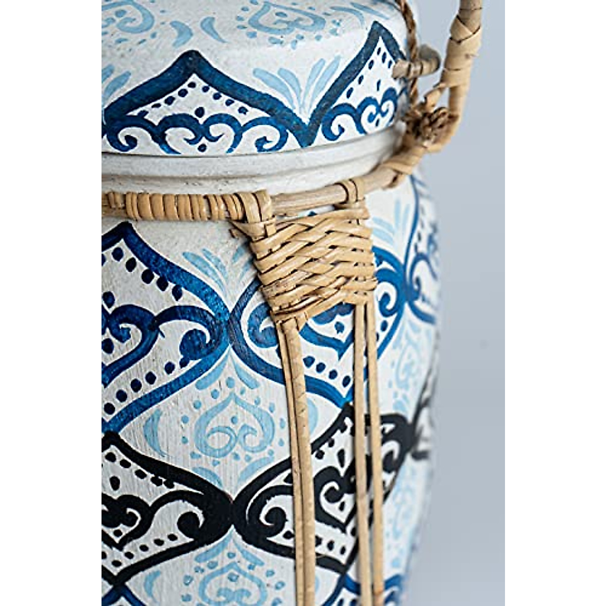 Siam Sawadee White Weaved Bamboo Rice Basket, Hand Woven Thai Rattan Jar, Handcrafted Traditional Household Wicker Container, Moroccan Pattern Painted, Handmade in Thailand, 7x12 inches