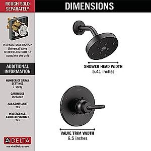 Delta Faucet Trinsic 14 Series Single-Function Shower Faucet Set, Single-Spray H2Okinetic Shower Head, Black Shower Faucet, Delta Shower Trim Kit, Matte Black T14259-BL (Valve Not Included)
