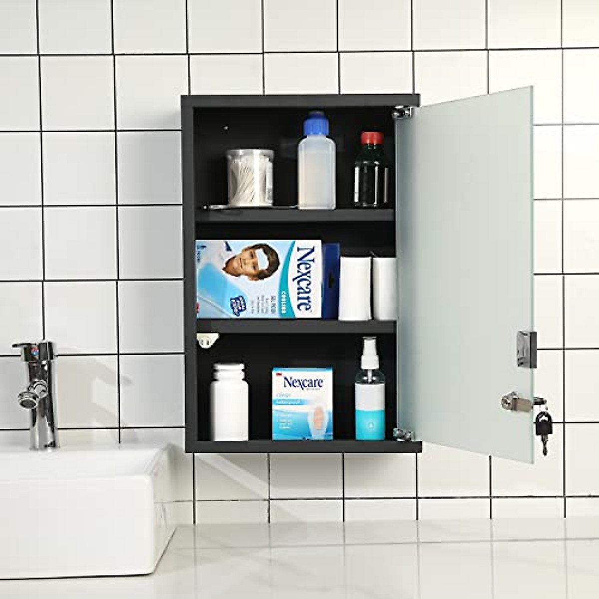 MyGift 18-Inch Bathroom Medicine Cabinet Wall Mounted Metal Storage Cabinet with 3 Shelves Locking Glass Door & Keys