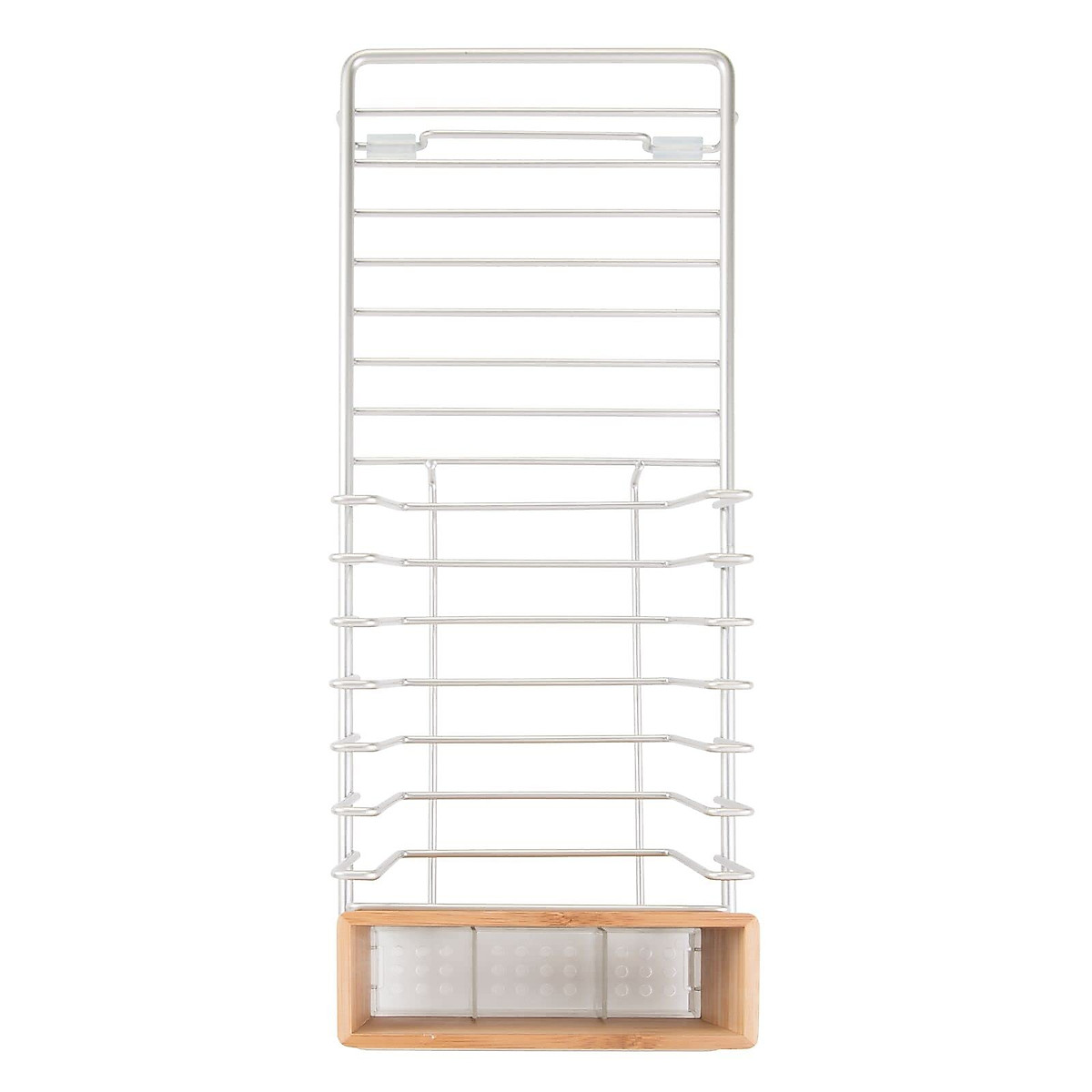 mDesign Compact Modern Kitchen Countertop, Sink Dish Drying Rack, Removable Cutlery Tray - Drain and Dry Wine Glasses, Bowls and Dishes - Metal Wire Drainer in Satin with Natural Bamboo Caddy