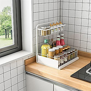 WOGQX 2 Tier Pull Out Spice Rack Cabinet Organizer Under Sink Sliding Storage Drawer, Kitchen Countertop Storage Basket,White