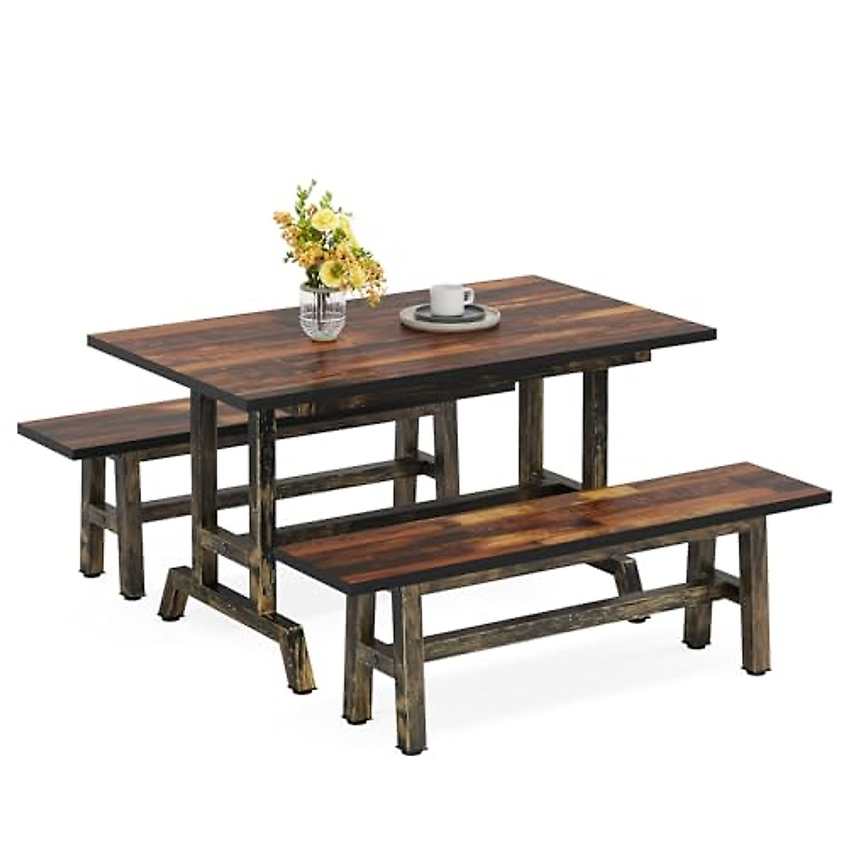 Tribesigns 47 Inch Dining Table Set for 4, 3-Piece Kitchen Table Set with 2 Benches, Industrial Dining Room Table with Metal Frame, Space-Saving Dinette for Dining Room Small Spaces, Brown