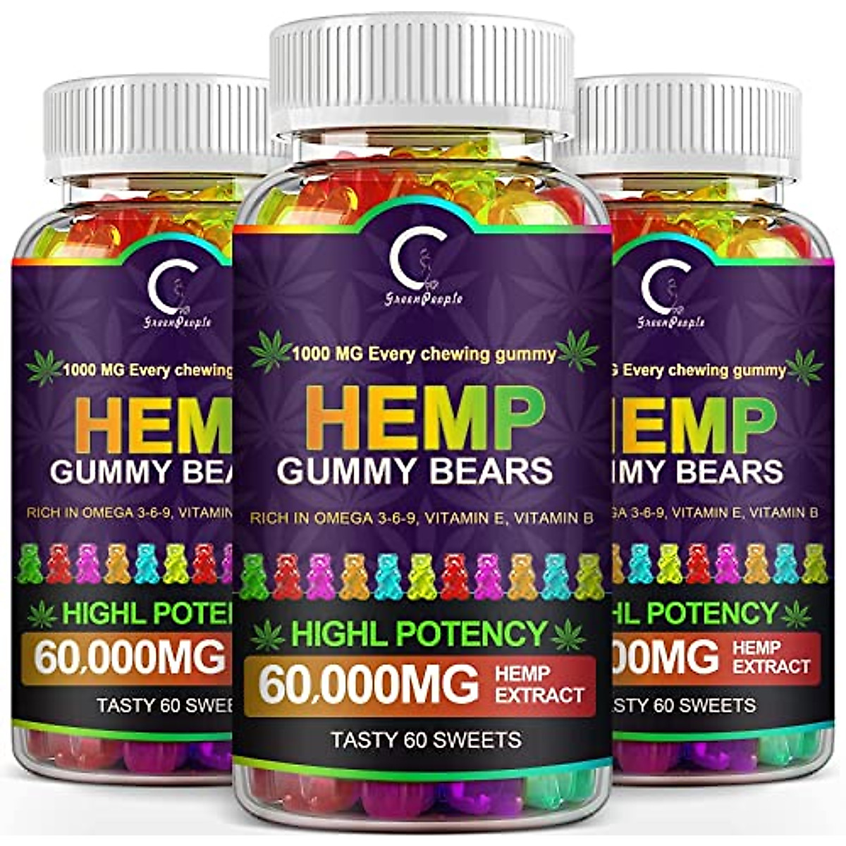 GPGP GreenPeople (3 Pack) Hemp Gummies 60,000mg Extra Strength, 100% Natural Hemp Oil Infused Bear Gummy, Promotes Focus Calm, Sleep and Calm Mood