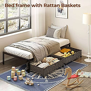 Rolanstar Bed Frame, Twin Bed Frame with 2 Rattan Baskets, 14 “ Metal Platform Bed Frame, Steel Slat Support, No Box Spring Needed, Easy Assembly, Noise Free, Bed with Large Storage Space up to 350LB