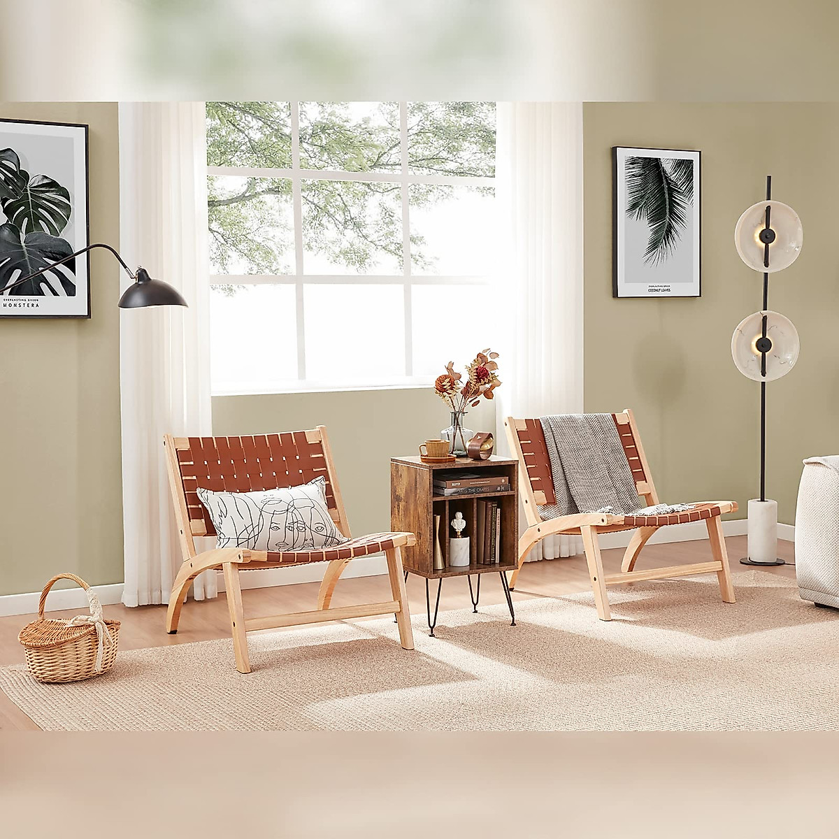 Modern Leather Accent Chairs for Living Room, Mid Century Lounge Chair, Side Brown Leather Chair Indoor Boho Scandinavian Cognac Woven Rattan Faux Leather Accent Chair