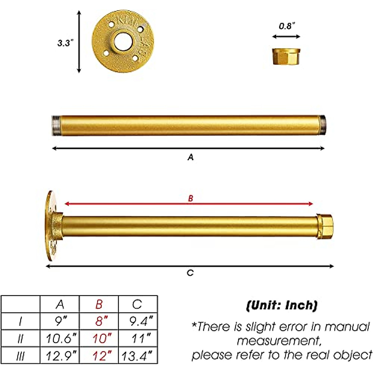 Industrial Gold Pipe Shelf Brackets, 10 Inch Pipe Clothing Rack, 4 Pcs Heavy Duty Industrial Pipe Clothes Hanging Rod, Wall Mounted Garment Holder for Bedroom, Bathroom, Boutique, Clothing Store
