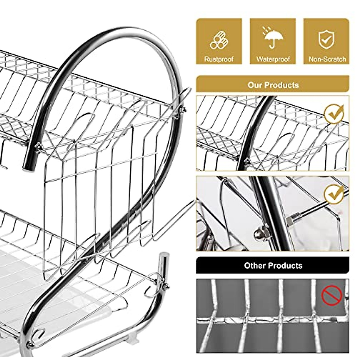 Zvonema Dish Drying Rack, Stainless Steel Dish Racks for Kitchen Counter, 2 Tier Small Dish Drainers with Drainboard & Removable Utensil Holder, Space Saving Dish Rack, Silver
