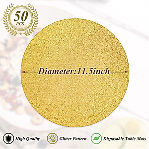 Datyiiha 50 Pieces Gold Glitter Paper Place Mats Sparkle Round Disposable Table Mats Golden Sequin Doilies Decorative Placemats for Wedding Banquet Party Home Dining Tableware