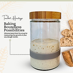 Touchet Heritage Sourdough Starter Jar (32oz) | Sourdough Starter Kit | Thick, Durable Glass w/Bamboo Lid | 6.5” x 4" | Wide Mouth Glass Jar for Sourdough with Wooden Spoon & Silicone Measuring Band