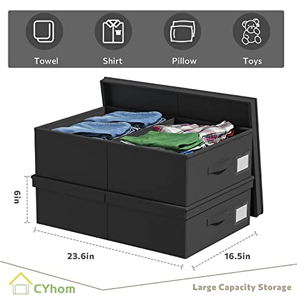 Under Bed Storage Bins With Lids - 2Pack Underbed Storage Containers Foldable Stackable Storage Box Sturdy Clothes Storage Organizer (Small-23.6"*16.5"*6", Black)